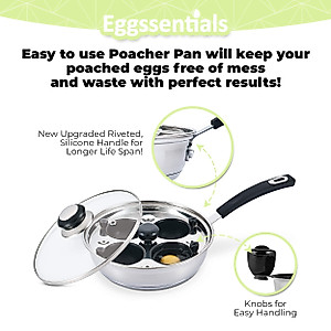 Eggssentials Egg Poacher Pan Nonstick Poached Egg Maker, Stainless Steel Egg Poaching Pan, Poached Eggs Cooker Food Grade Safe PFOA Free with Spatula, Egg Poachers Cookware - 4 Poaching Cups
