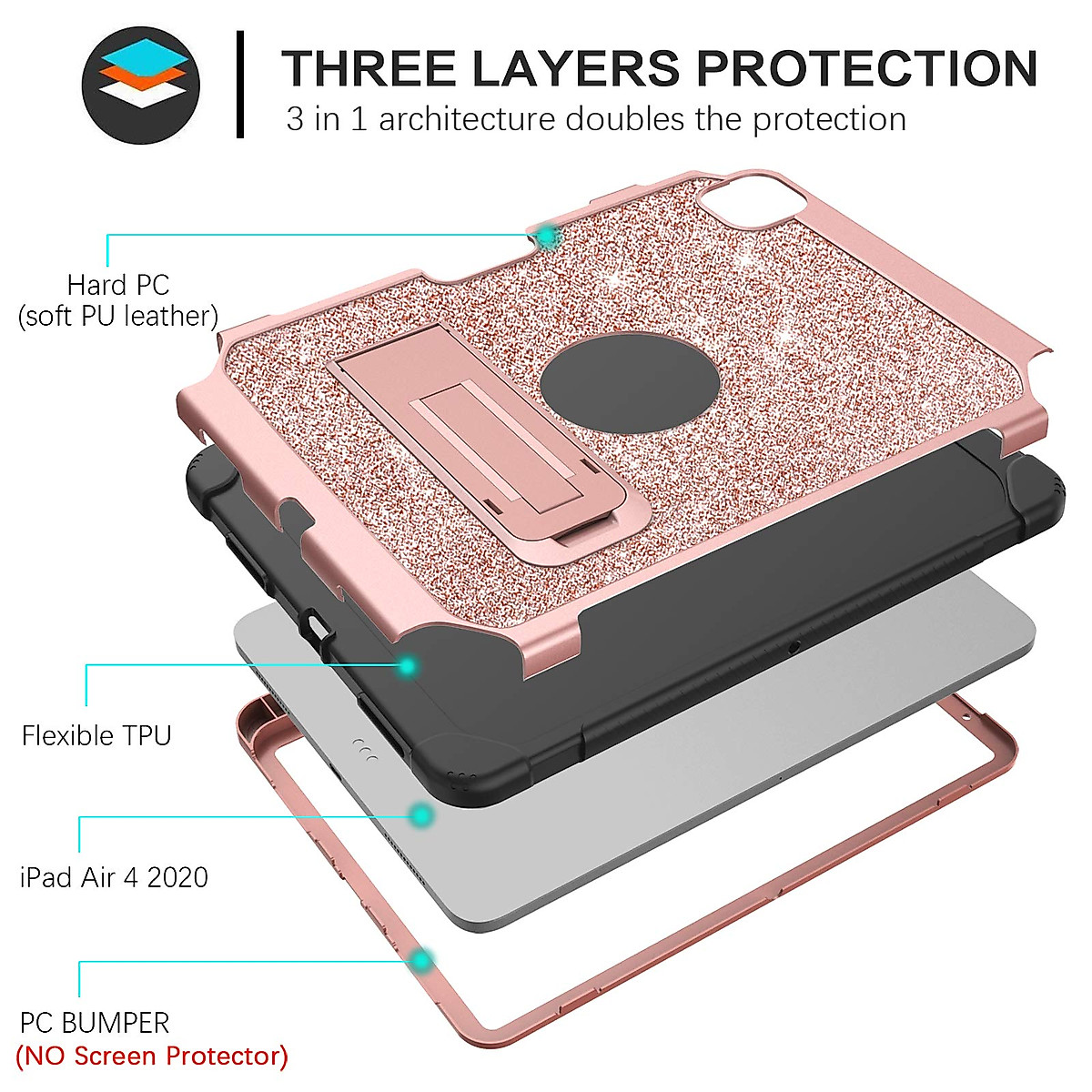 BENTOBEN iPad Air 5th Generation Case, iPad Air 4th Generation Case, Glitter Sparkly 3 Layers Shockproof Kickstand with Pencil Holder Protective Tablet Cover for iPad Air 2022/2020 10.9", Rose Gold