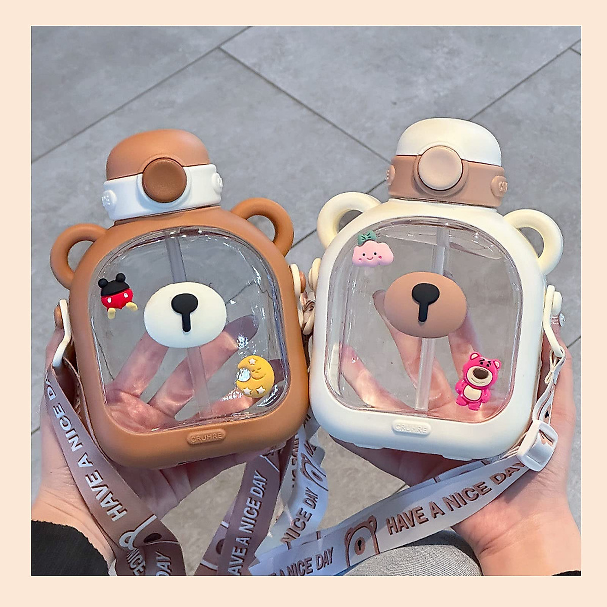 FEUSEUZ Kawaii Water Bottle 24 oz square transparent water bottle Cute little bear portable water bottle with strap and sticker (coffee,700ml)