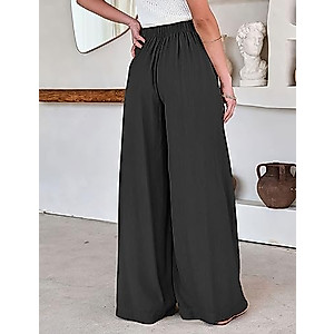 MUSIDORA Black Wide Leg Pants for Women Palazzo Linen Slacks Women High Waisted Beach Casual Travel Flowy Boho Stretchy Petite (Black M)