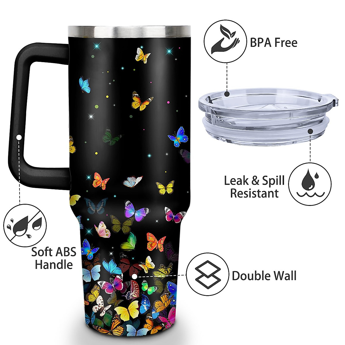 thmasamwr Butterfly Tumbler with Lid and Straw, Stainless Steel 40oz Tumbler with Handle, Butterfly Travel Coffee Mug Water Bottle, Butterfly Gifts Cups for Women and Girls