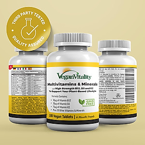 Vegan Multivitamins & Minerals for Women and Men with High Strength Vitamin B12, D3 & K2. 180 Multivitamin Tablets - 6 Months Supply. Vitamins for Vegans & Vegetarians