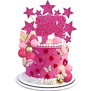 Hot Pink Girl Cake Toppers with Pink Gold Butterfly Balls Star Doll Cake Toppers for Wedding Baby Shower Anniversary Girl Birthday Themed Party Supplies (Style 1)