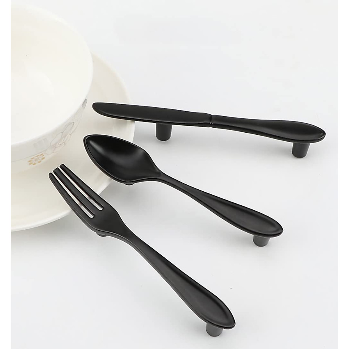 Sinyiol 2Pcs Matte Black Funny Cutlery Tableware Cabinet Pulls,Creative Spoon Fork Knife Shape 3" Hole Center Vintage Kitchen Cupboard Pulls Handles,Cute and Fun (2Pcs, Fork, Matte Black)