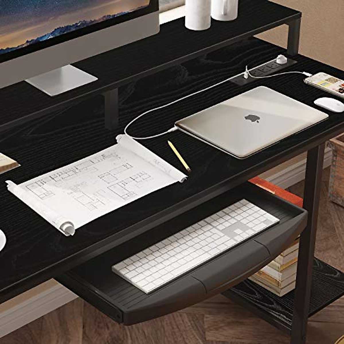 Rolanstar Computer Desk with Power Outlet and Monitor Stand Shelf, 47” Home Office PC Desk with Keyboard Tray and USB Ports Charging Station, Desktop Table, Stable Metal Frame Workstation, Black