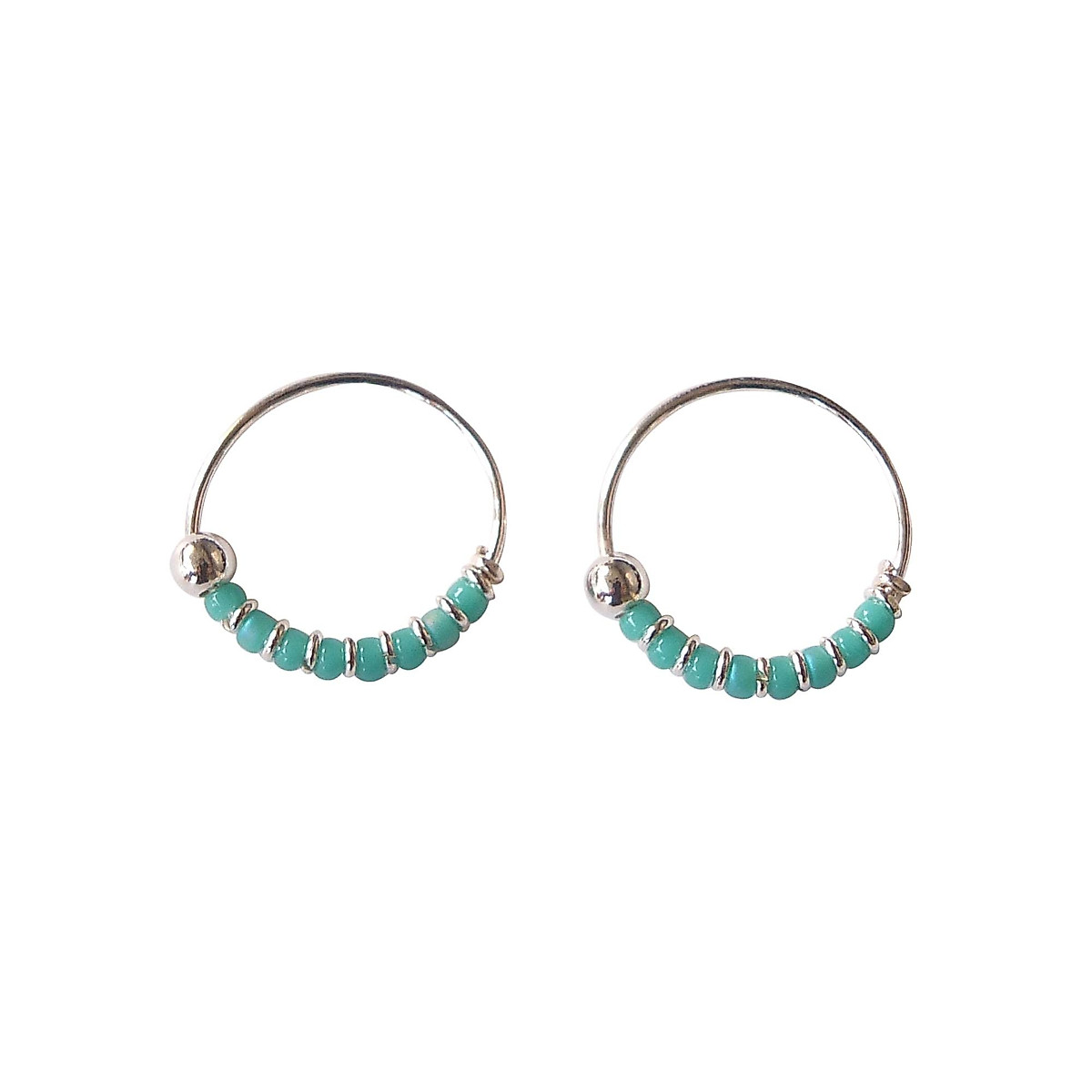 Handmade Silver Pair Small 12MM Beaded Hoop Earrings, 925 Sterling Silver, Thin 22Gauge Turquoise Color Beads Hoops for women, By Miya Jewelry Creations