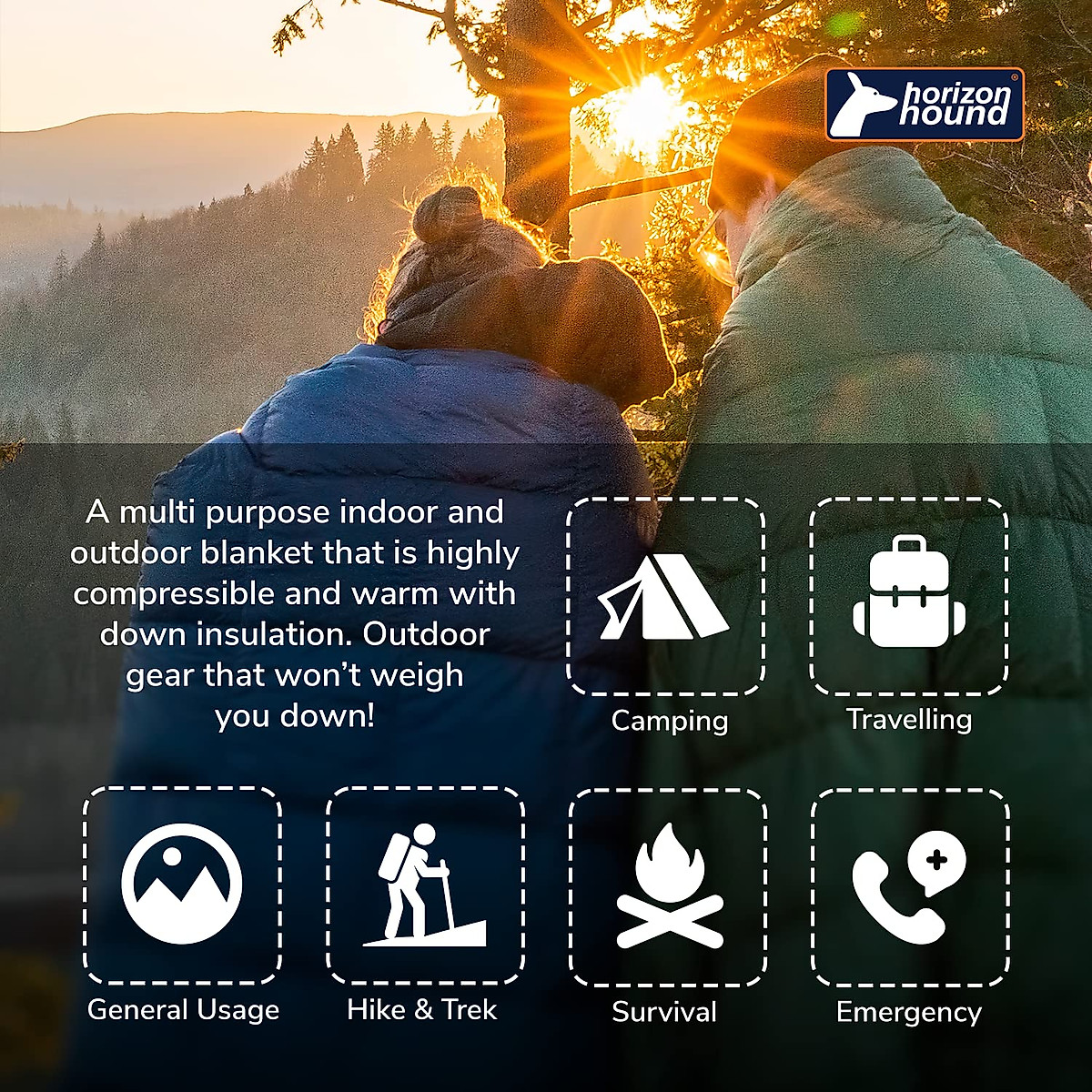 Horizon Hound Down Camping Blanket - Trek, Green Travel Blanket | Sustainable Insulated Down | Lightweight & Warm Quilt for Camping, Stadium, Hiking & Festival | Water Resistant, Packable & Compact