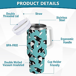 KEEPREAL 40 oz Killer Whale Pattern Tumbler with Handle, Insulated Sports Water Bottle with Lid and Straw, Thermal Stainless Steel Travel Coffee Mug Cup