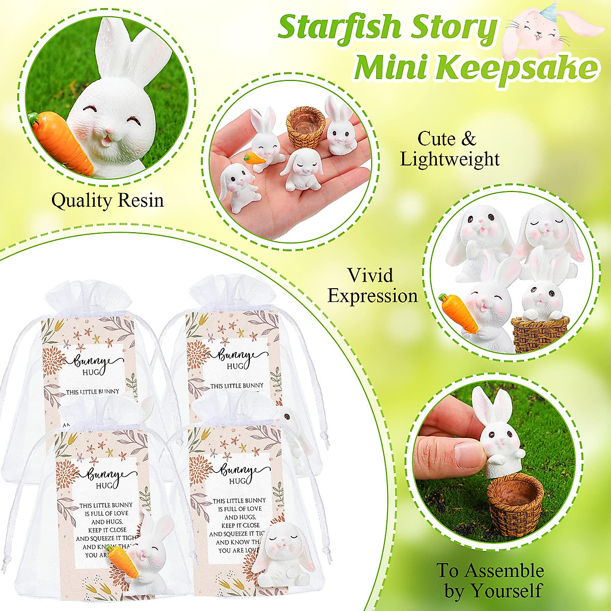 Fumete 36 Set Bunny Hug Party Favors Include Miniature Bunny Cupcake Toppers Inspirational Bunny Hug Card Organza Bag Gifts for Bunny Birthday Decorations Rabbit Autumn Baby Shower Bridal Wedding