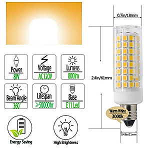 HXMLIHB E11 LED Bulb，JD T3/T4 E11 Mini Candelabra Base，8W Dimmable，80W Halogen Bulb Replacement，800LM,AC110V-130V,Warm White 3000K for Indoor Decorative Lighting(Pack of 2)