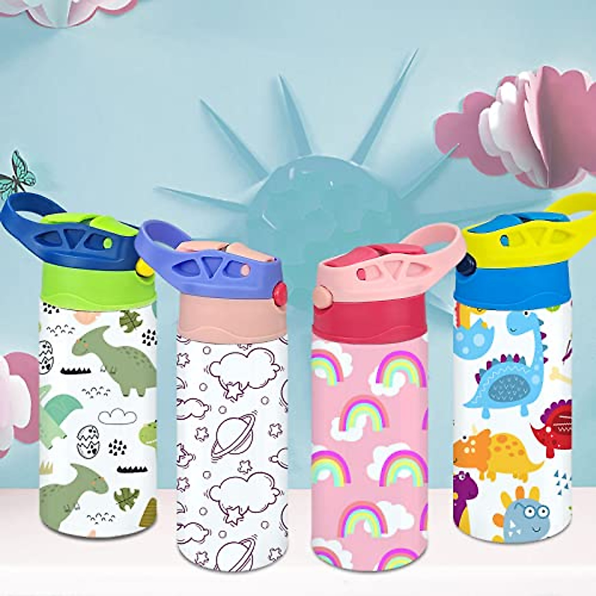 XccMe Kids Sublimation Tumbler,12 PACK 12oz Stainless Steel Sublimation Sippy Cup,Double Wall Insulated Kids Tumbler with Handle,Spill Proof lid,Shrink Films,Silicone Bottoms,for Water,Drinks