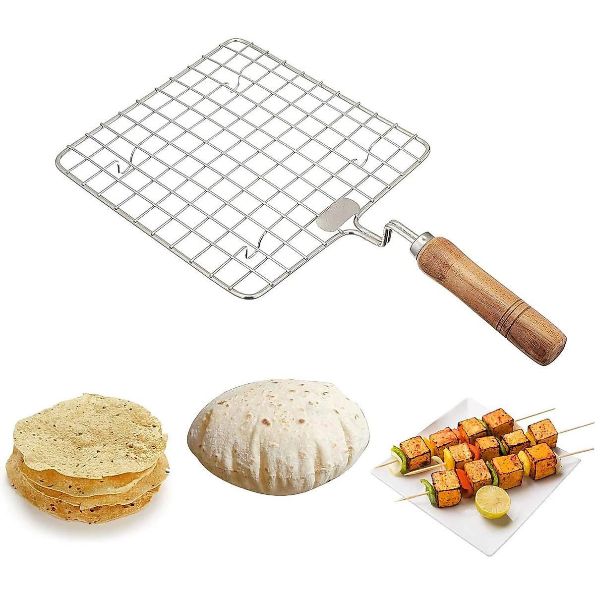 Sriyug Papad Jali Stainless Steel Wire Roaster Rack Papad Jali With Wooden Handle Roasting Net Roast Grill Chapati Toast Roti Papad And More...