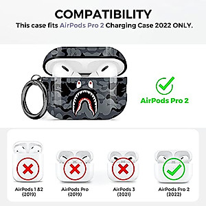 Fashion Pattern AirPods Pro 2nd Generation Case 2022,for Men Women Shark Tooth Camo Softshell Full Body Shockproof Protective Cover for New AirPod Pro 2 with Keychain/Hand Strap (Black Shark)
