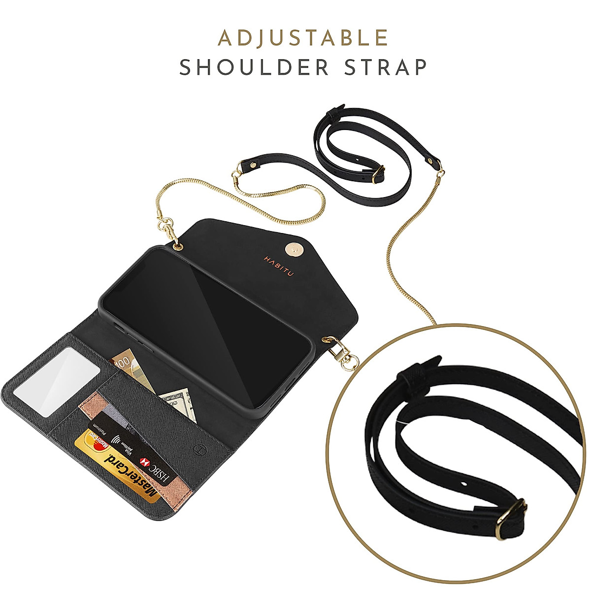 HABITU [Folio Collection 2022 Selene Crossbody Black Wallet Case for iPhone XR/11, Detachable Vegan Leather Magnetic Folio with Card Pockets, Mirror & Strap for Women, for Women