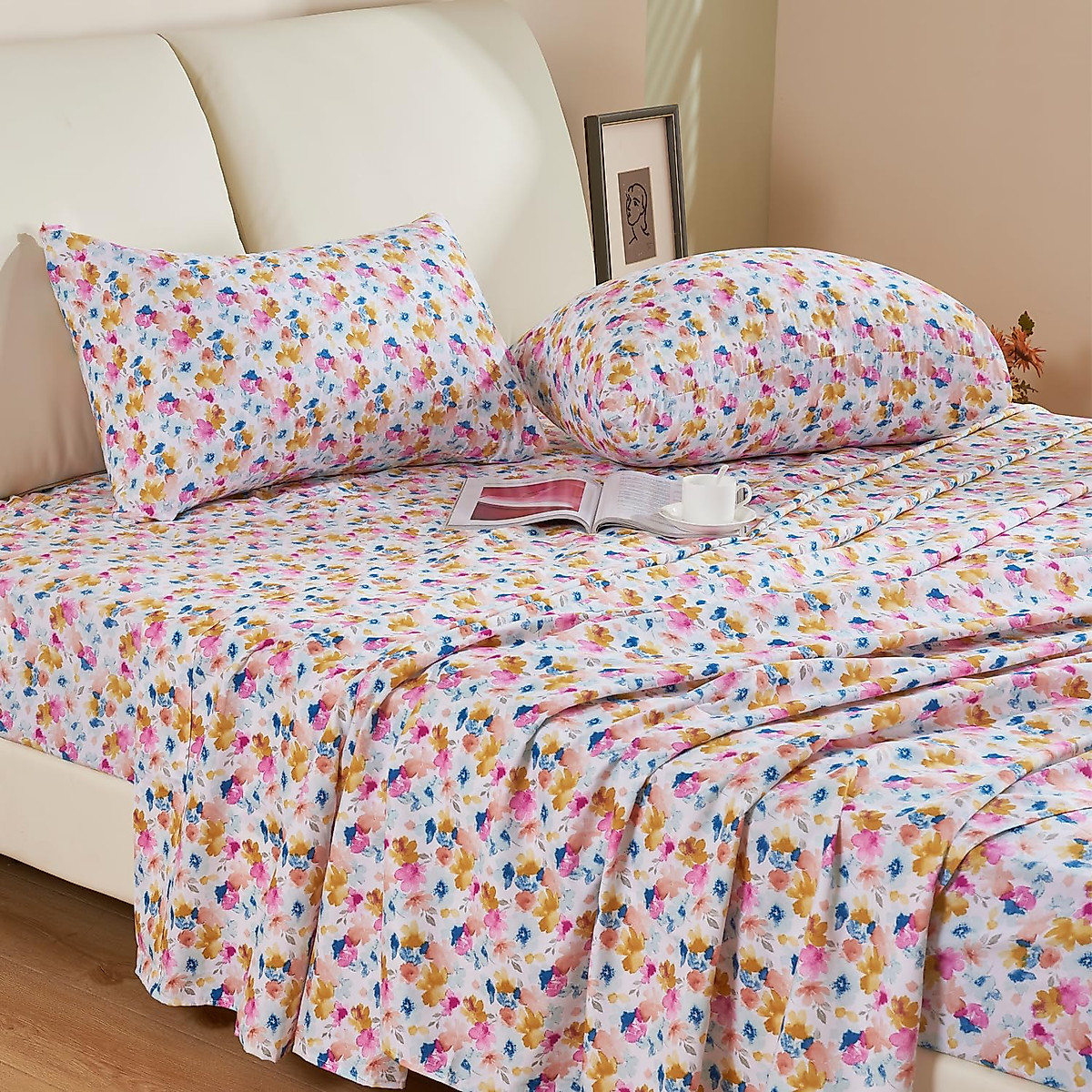 KACEMOO Queen Floral Sheet Set 4PC Yellow Flower Printed Sheets for Queen Pattern Sheets Microfiber Soft Cooling Luxurious Brushed Bed Sheets with 17”Deep Pocket, Easy Care, Breathable, Wrinkle Free