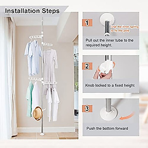 DAHOOMII 4-Tier Adjustable Laundry Pole Clothes Drying Rack Tension Rod Corner Metal Coat Tree Hanger Garment Stand Heighten Floor to Ceiling Clothing Storage Organizer - Ivory