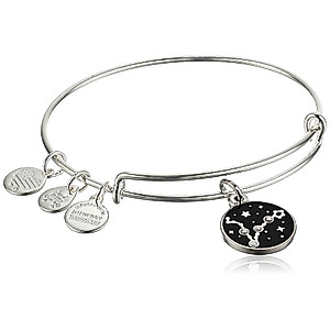 Alex and Ani Zodiac Expandable Bangle for Women, Pisces Charm, Black Epoxy and Crystals, Shiny Silver Finish, 2 to 3.5 in