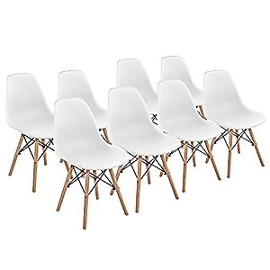 Yaheetech Dining Chairs with Beech Wood Legs and Metal Wires Modern Side Shell Eiffel DSW Chairs for Dining Room Living Room Bedroom Kitchen Lounge Reception, Set of 8, White
