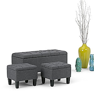 SIMPLIHOME Dover 44 inch Wide Rectangle 3 Pc Lift Top Storage Ottoman in Upholstered Slate Grey Tufted Linen Look Fabric, Footrest Stool, Coffee Table for the Living Room, Contemporary