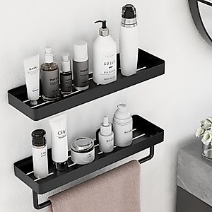 Taaji Bathroom Shelf, Floating Shelves Wall Mounted Set of 2, Stainless Steel 15.7 Inch Bathroom Shelves with Bar, Black