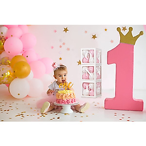 Baby Girl First Birthday Party Decorations 'ONE' Letters Individual Three White Transparent Square Boxes with 24 Balloons Decor for 1 Year Old Baby Birthday Party Decor Backdrop Favors