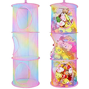 Basumee Stuffed Animals Net or Hammock 2Pcs Hanging Stuffed Animals Storage 3 Compartments Toy Net Hammock for Stuffed Animals Organizer Mesh Stuff Animals Hammock for Kids Girls Room, Rainbow