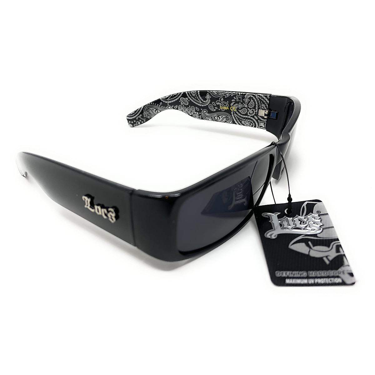 Locs Mens Hardcore Wrap Around Sunglasses with Bandana Print Inside, Black - Black Inside, Medium