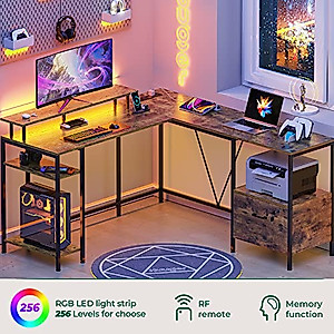Huuger L Shaped Computer Desk with Power Outlets & LED Lights, Reversible Computer Desk with File Cabinet & Storage Shelves, Corner Desk Home Office Desk, Rustic Brown