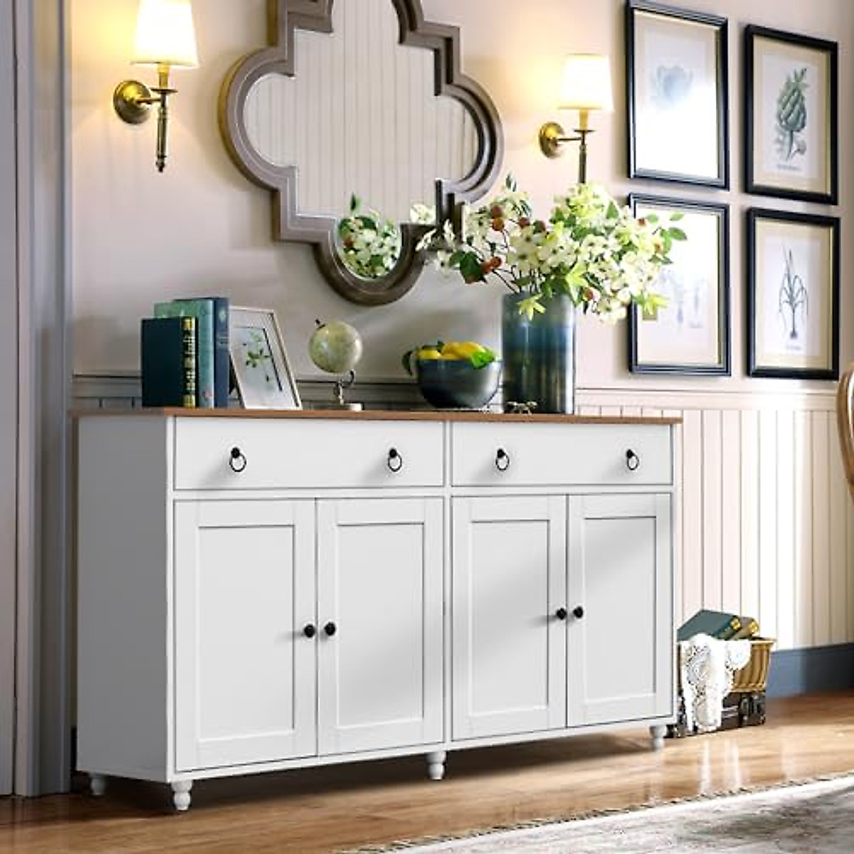 4 EVER WINNER Sideboard Buffet Cabinet with Storage, 55" Kitchen Buffet Storage Cabinet with 2 Drawers and 4 Doors, Retro Coffee Bar Cabinet Wood Buffet Table Dining Room Cabinet, White