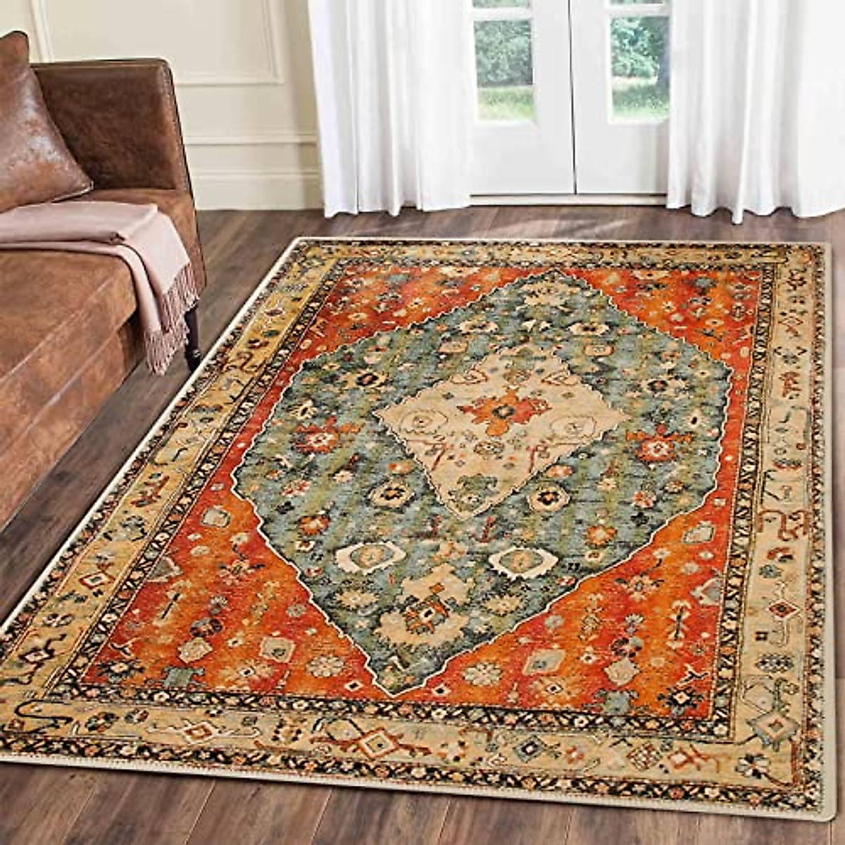 Boho Area Rug, 4' x 6' Machine Washable Rugs for Entryway Faux Wool Large Rugs Distressed Throw Rug Non-Slip Floor Carpet for Indoor Bedroom Kitchen Living Room