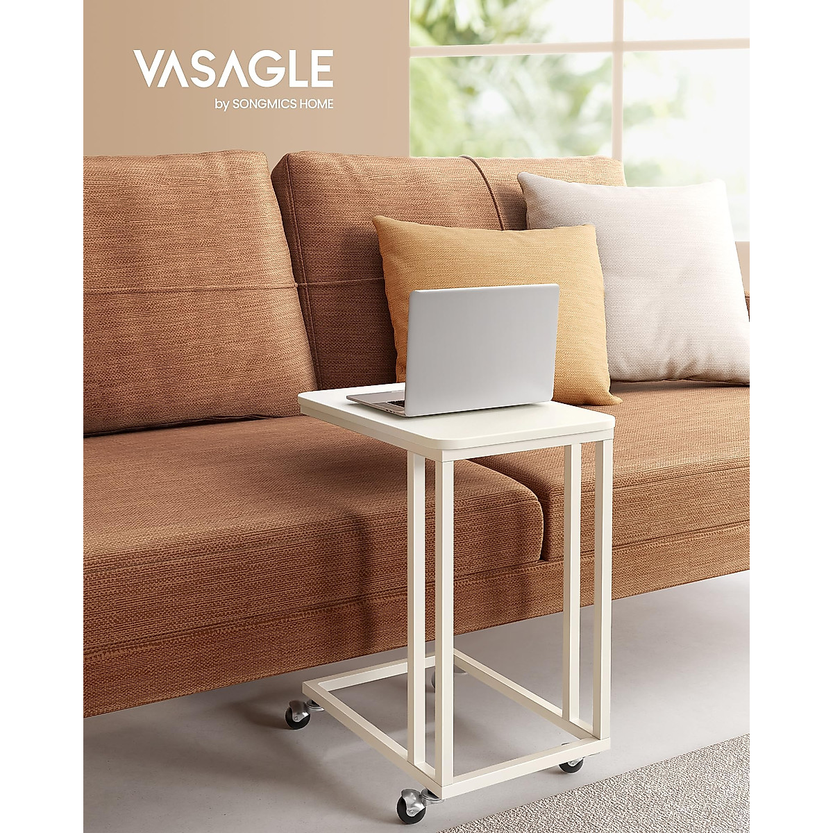 VASAGLE End Table, C Shaped TV Tray with Metal Frame Rolling Casters for Coffee Laptop Mobile Tablet, Industrial Side Table for Living Room Bedroom, 19.7 x 13.8 x 23.6 Inches, Cream White ULNT050W77