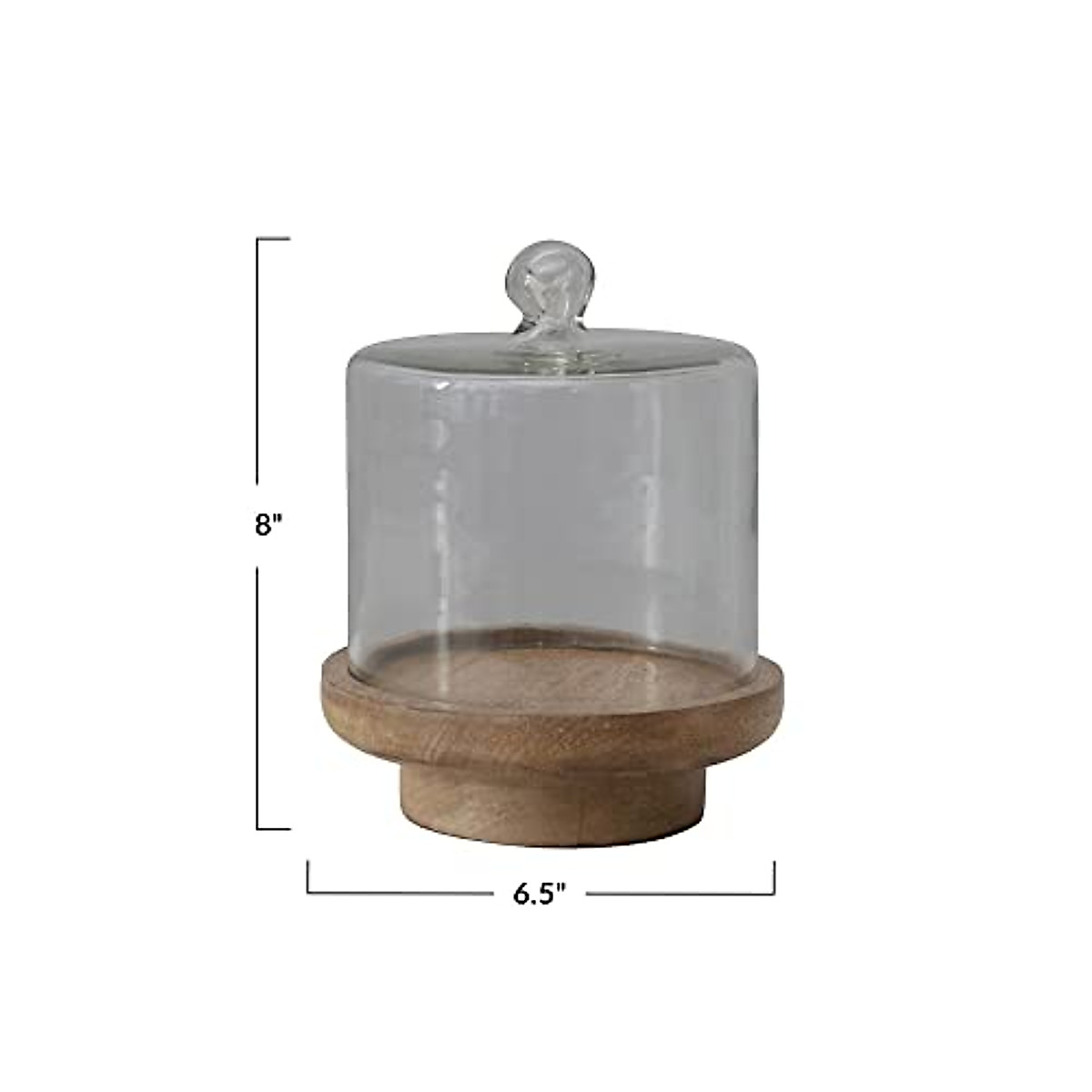 Creative Co-Op Glass Cloche with Footed Mango Wood Base, Set of 2 Pieces, 7''L x 7''W x 8''H