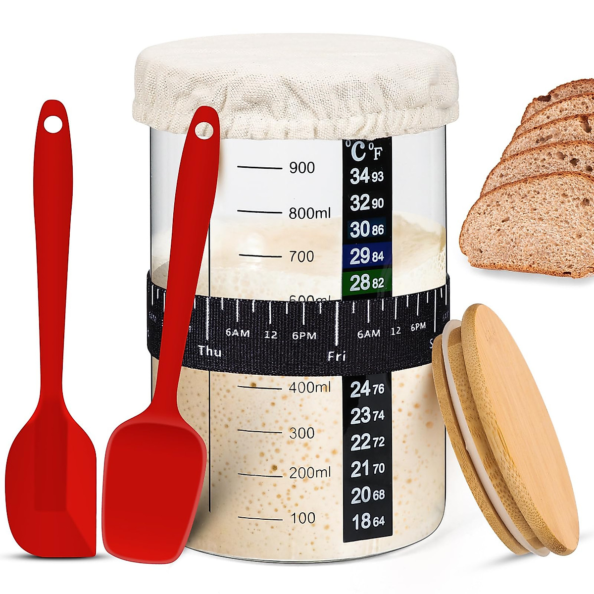 Sourdough Starter Jar Kit with 35 Oz/1000 ml Sourdough Bread Baking Supplies with Thermometer, Feeding Date Band, Silicone Scraper, Silicone Spoon Cloth Cover & Wood Lid, Wide Mouth Dough Starter Jar