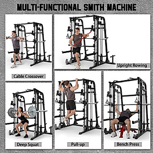 MAJOR LUTIE Smith Machine with Olympic Plates(230LBS)-Black, SML09 Power Cage with Smith Bar and Two LAT Pull-Down Systems and Cable Crossover Machine, Cast Iron Sets