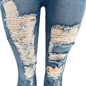 Maiyifu-GJ Bell Bottom Jeans for Women Ripped Mid Rise Raw Hem Flared Jean Slimming Skinny Stretch Wide Leg Denim Pants (Blue,Small)