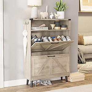 Halitaa Shoe Cabinet with 2 Flip Drawers,Shoe Storage Cabinet for Entryway,Freestanding Shoe Cabinet Organizer with Open Storage,Narrow Farmhouse Shoe Rack with Legs,Grey