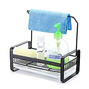 JUXYES Stainless Steel Sponge Holder with Dishcloth Drying Rack, Kitchen Sink Organizer Caddy Tray Sponge Brush Soap Holder with Removable Drain Tray for Kitchen (L, Black)