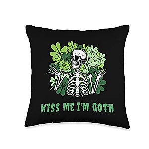 Goth St Patrick's Day Gothic Irish Skeleton Funny Goth St Patrick's Day Irish Shamrock Gothic Funny Green Throw Pillow, 16x16, Multicolor