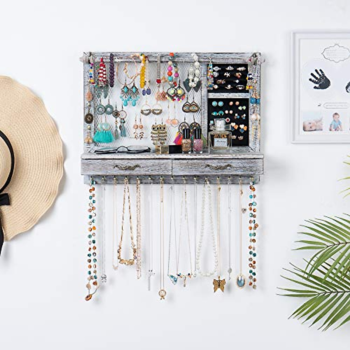 Dhmkfly Jewelry Wall Organizer Wall Mounted, Jewelry Hanger Display Rack Earring with Drawers, for Earring/Stud/Ring/Necklace/Bracelets Accessories Bangles Holder Girls Gift (White)