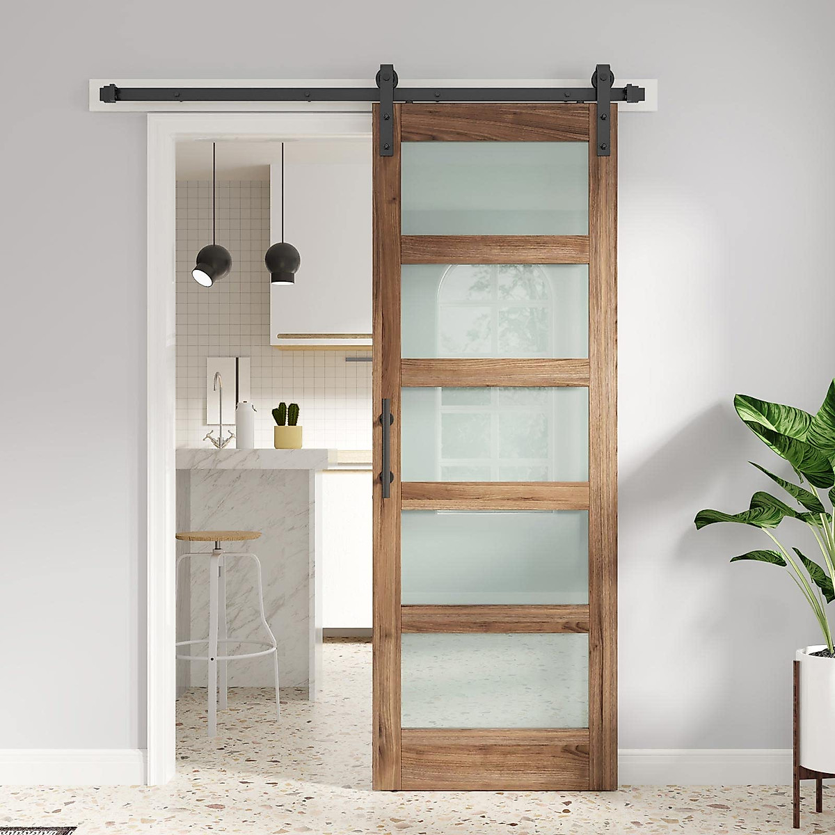 FREDBECK 30 x 84 inch Glass Barn Door with 5.5FT Barn Door Hardware Kit Included,5-Panel Frosted Glass,Water-Proof Surface,Pre-Drilled Holes,Need Assembly,Fit 27in-28in Opening