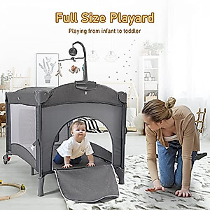 Jaoul Baby Bassinet Bedside Sleeper Baby Crib, Pack and Play with Bassinet and Changing Table, Portable Travel Baby Playpen with Bassinet Toys & Music Box, Mattress for Girl Boy Infant Newborn Gray
