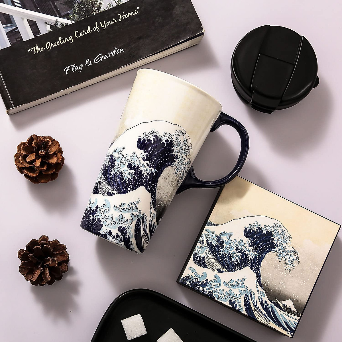 Topadorn Ceramic Coffee Mug Travel Cup Gift with Lid 17oz., Porcelain Tall Tea Cup with Handle for Home & Office, Wave Art Pattern Mug with Gift Box, 6.5''H