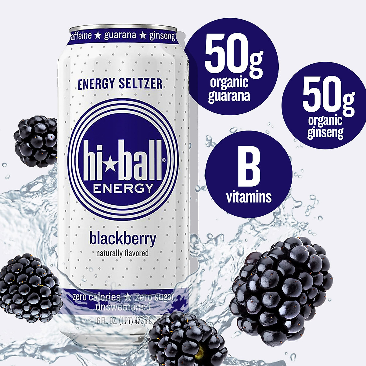 Hiball Clean Energy Seltzer Water, Caffeinated Sparkling Water Made with Vitamin B12 and Vitamin B6, Sugar Free 16 Fl Oz (Pack of 8), Blackberry