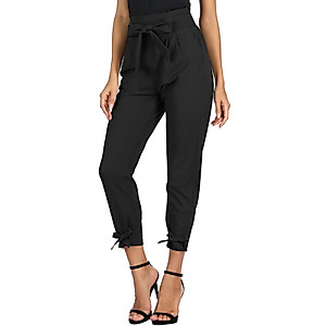 GRACE KARIN 2 Pack Women Paper Bag Pants Elastic High Waist Bow-Knot Casual Pencil Pants with Pocket Black+Blue Gray L