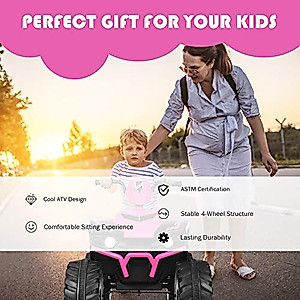 Costzon Kids ATV, 12V Battery Powered Electric Vehicle w/LED Lights, High & Low Speed, Horn, Music, USB, Treaded Tires, Ride on Car 4 Wheeler Quad for Boys & Girls Gift, Ride on ATV (Pink)