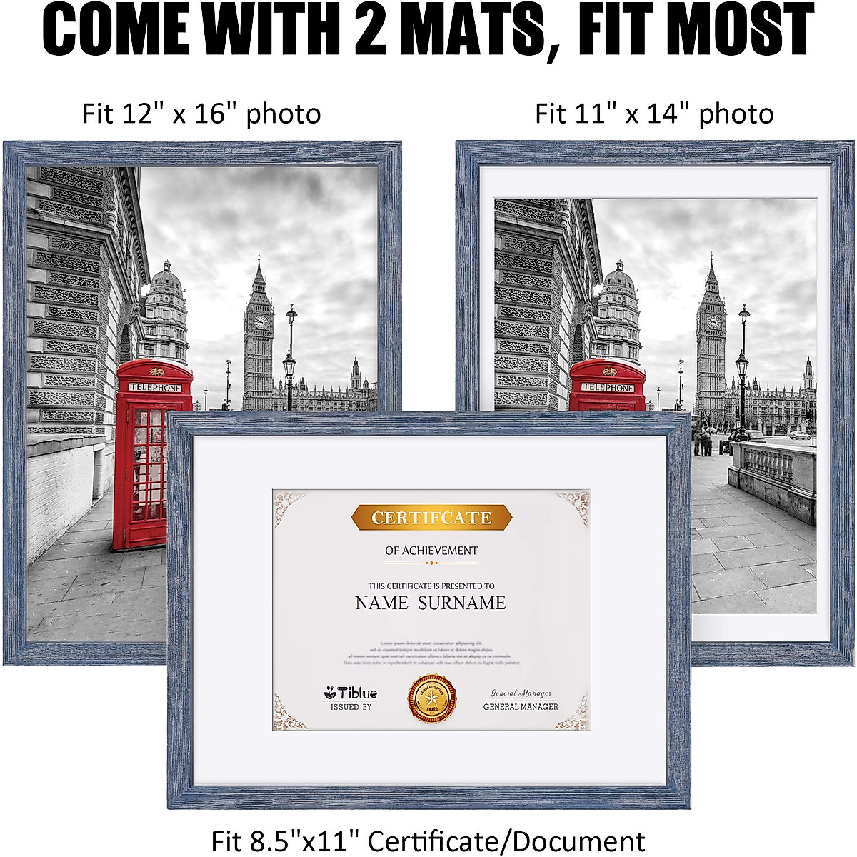 12x16 Rustic Picture Frames Solid Wood Display Pictures 11x14 or 8.5x11 Diplomas with Mat or 12x16 without Mat, Farmhouse Distressed Wooden Picture Frame for Wall or Table Top Display, Rustic Blue