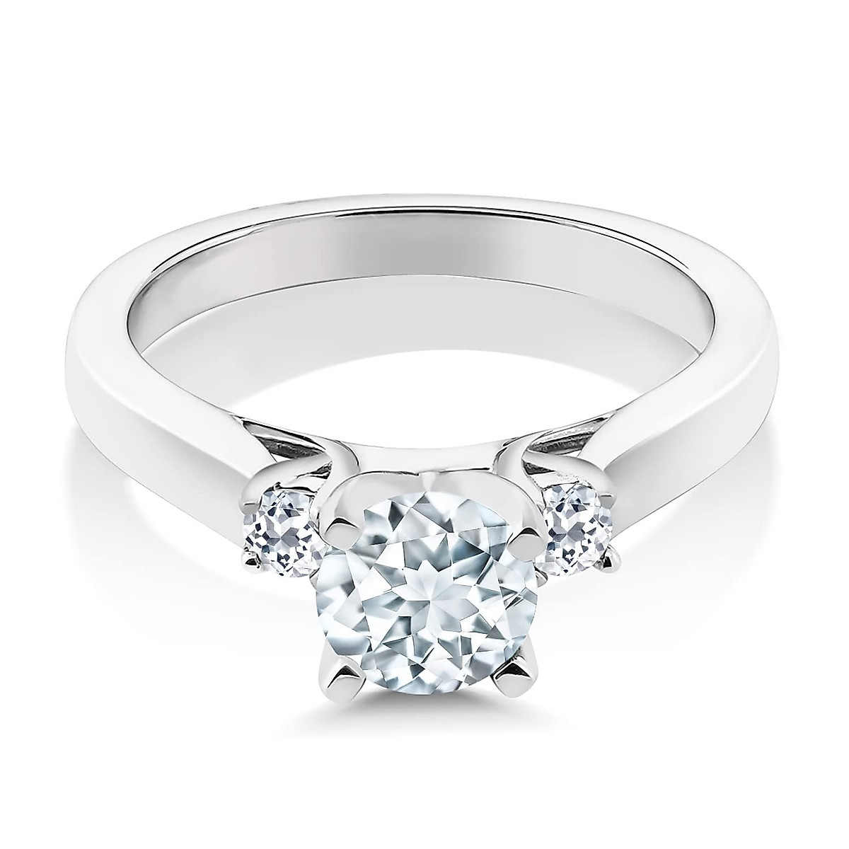 Gem Stone King 925 Sterling Silver Sky Blue Aquamarine and White Topaz 3-Stone Engagement Ring For Women (0.92 Cttw, Round 6MM, Gemstone March Birthstone, Size 7)