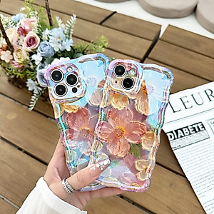 Sayoaho Compatible with iPhone 13 Pro Max Case for Women, Cute Curly Wave Frame Shape, Colorful Retro Oil Painting Flower Laser Beam Glossy Pattern, Compatible with iPhone 13 Pro Max, Pink
