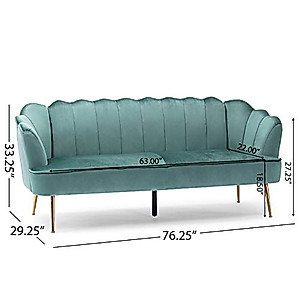 Christopher Knight Home Reitz Channel Stitch 3 Seater Shell Sofa - Velvet - Turquoise/Gold