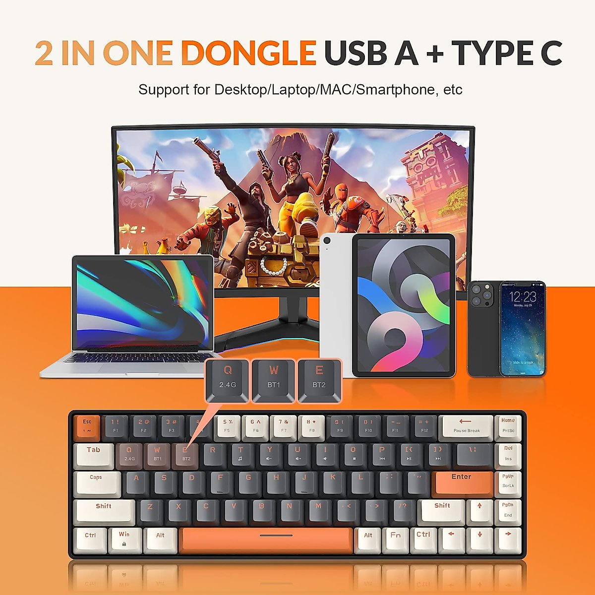 MAGIC-REFINER 60% Wireless Mechanical Keyboard, Bluetooth 5.0/2.4GHz with Dual Mode 2-in-1 Receiver, Compact 68-Key Hot Swappable Ergonomic Gaming Keyboard, Clicky Blue Switch for PC Mac Smartphone
